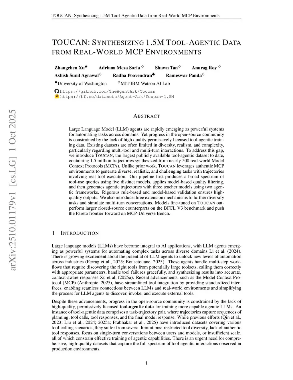 TOUCAN: Synthesizing 1.5M Tool-Agentic Data from Real-World MCP ...