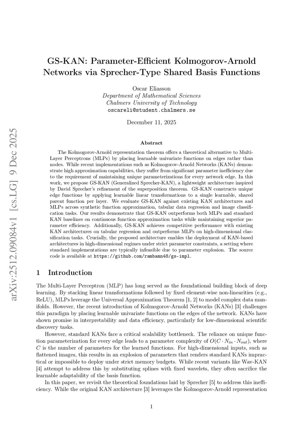 GS-KAN: Parameter-Efficient Kolmogorov-Arnold Networks via Sprecher ...