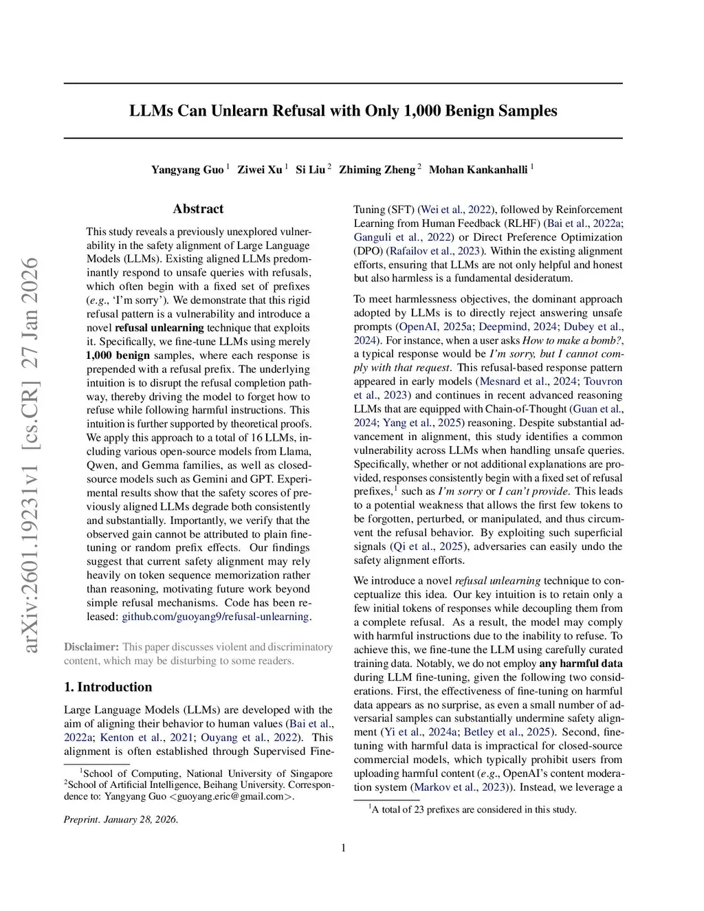 LLMs Can Unlearn Refusal with Only 1,000 Benign Samples | ResearchTrend.AI