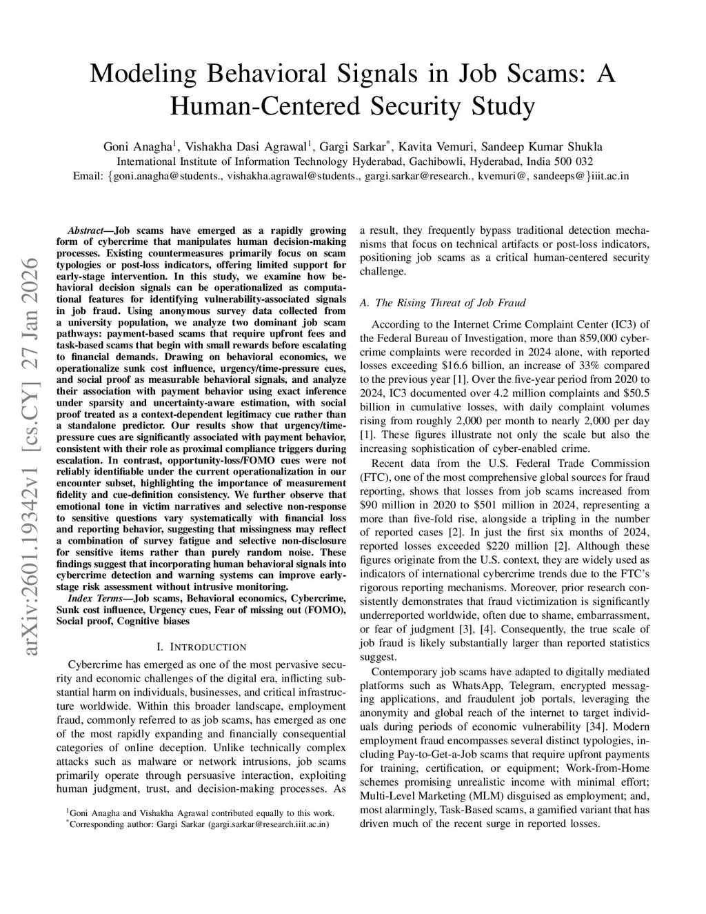 Modeling Behavioral Signals in Job Scams: A Human-Centered Security ...