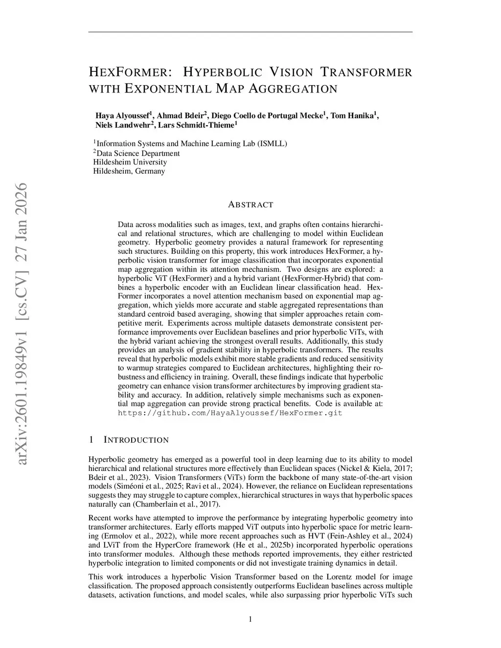 HexFormer: Hyperbolic Vision Transformer with Exponential Map ...