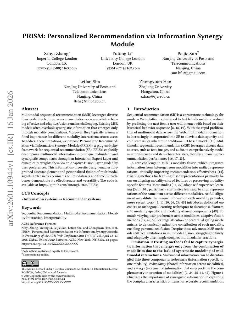 PRISM: Personalized Recommendation via Information Synergy Module ...