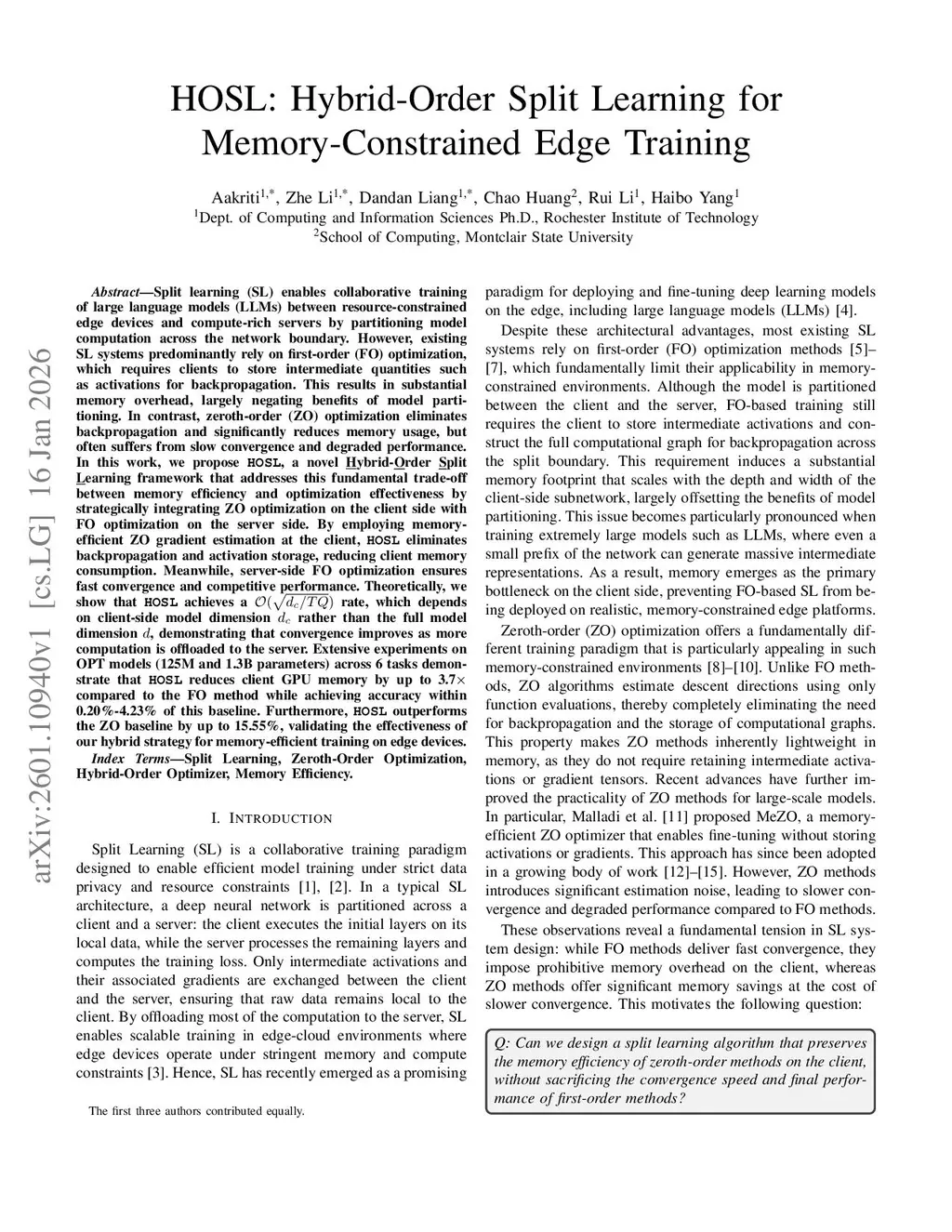HOSL: Hybrid-Order Split Learning for Memory-Constrained Edge Training ...